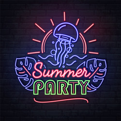 Neon sign summer party with sea horse Royalty Free Vector