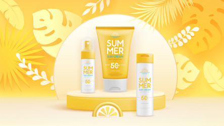Summer background with 3d set of sunscreen tubes Vector Image