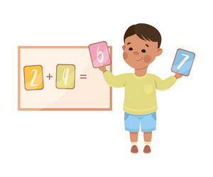 Cute boy solving math examples using pencils Vector Image