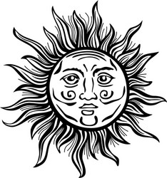 Sun with face engraving style Royalty Free Vector Image