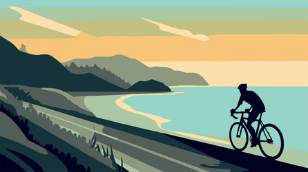 Man cylcing between the mountains and the beach Vector Image