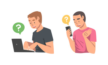 Young man character asking question using internet