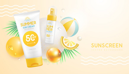 Summer background with 3d spheres and sunscreen Vector Image