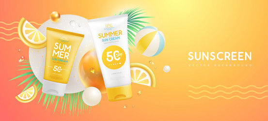 Summer background with 3d spheres and sunscreen Vector Image