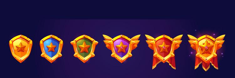 Game ranking badges with shields star Royalty Free Vector