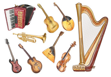 Musical instruments set cello tambourine tuba Vector Image