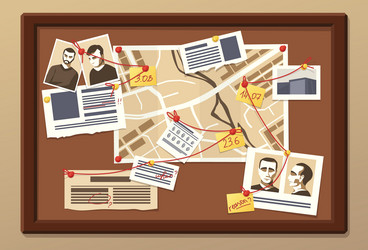 Crime board with pins evidence detective map Vector Image