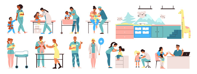 Flat pediatrics compositions set Royalty Free Vector Image