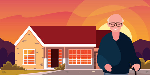 Old man standing next house exterior Royalty Free Vector