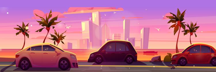 Car drive on sea road skyscrapper sunset view Vector Image