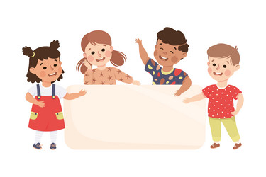 Group of kids holding blank banner together Vector Image