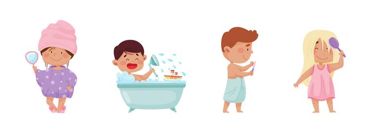 Kid characters in the bathroom washing Royalty Free Vector