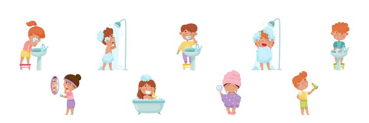 Kid characters in the bathroom washing Royalty Free Vector