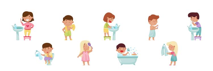 Kid characters in the bathroom washing Royalty Free Vector