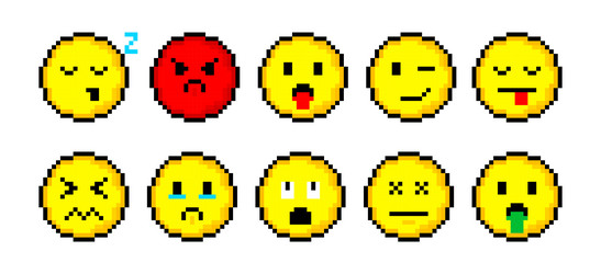 Pixel 8 bit yellow circles with smile collection Vector Image