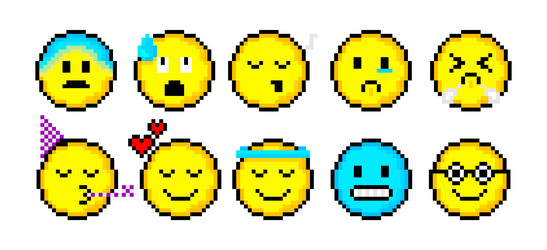 Pixel 8 bit yellow circles with smile collection Vector Image