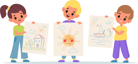 Cute kids show their drawings drawn Royalty Free Vector