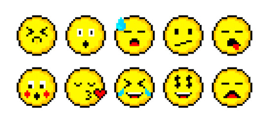 Pixel 8 bit yellow circles with smile collection Vector Image