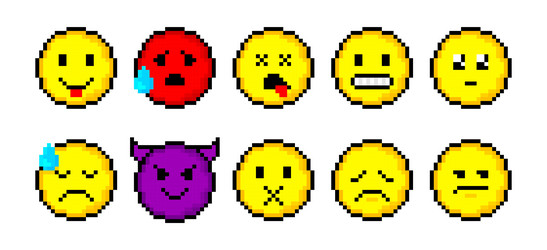 Pixel 8 bit yellow circle with smile isolated Vector Image