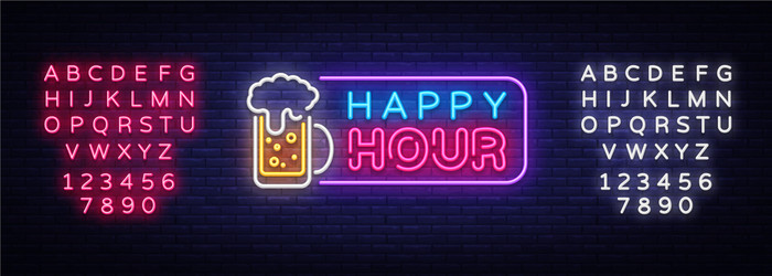 Happy hour neon banner design template Royalty Free Vector