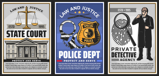Law office police academy and court retro posters Vector Image