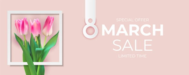 8 march sale banner with tulip background design Vector Image
