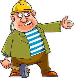Cartoon man in a helmet with a drill with a hammer