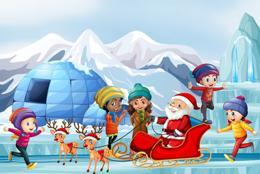 Christmas scene with santa and many kids Vector Image
