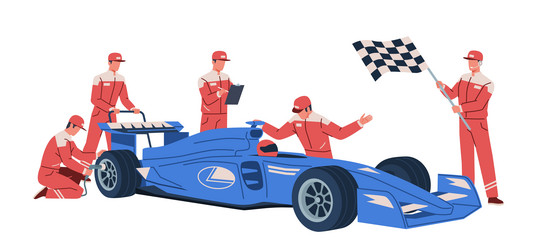 Racing car pit stop mechanics engineers team Vector Image