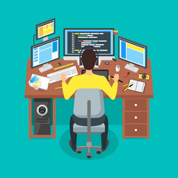 Cartoon programmer writes code workspace concept Vector Image