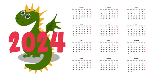 Calendar 2024 with a cute cartoon dragon Vector Image