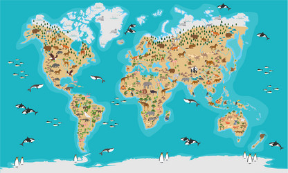 World map climate zone and animal Royalty Free Vector Image