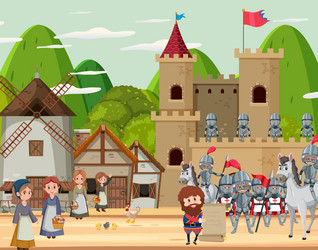 Medieval town scene with villagers Royalty Free Vector Image