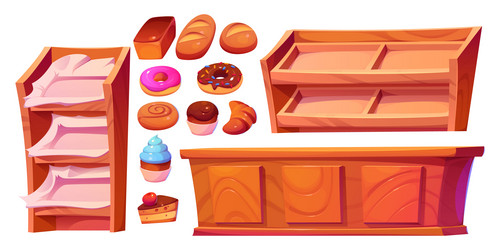 Bakery shop interior inside cartoon set Royalty Free Vector