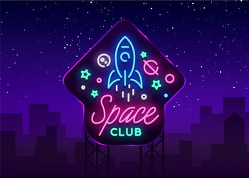 Space nightclub logo in neon style sign Royalty Free Vector