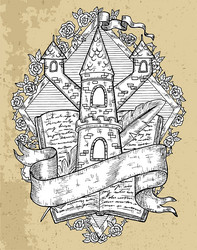 Black and white coat of arms with tower Royalty Free Vector