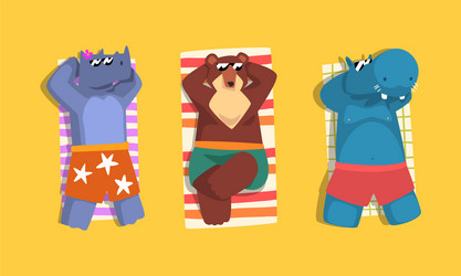 Cute hippo character sunbathing on beach under Vector Image