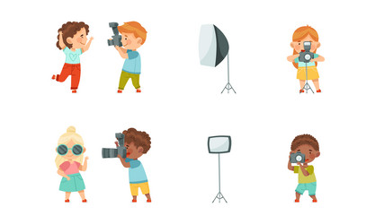 Little boy and girl holding camera taking Vector Image