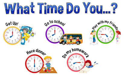 Daily routine with time and cartoon characters Vector Image