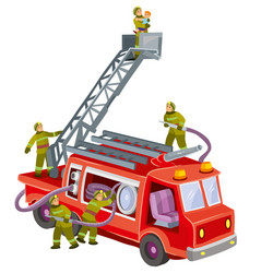 Firefighters on a fire truck rescuing child Vector Image