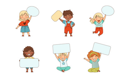 Smiling kids holding empty oval and rectangular Vector Image