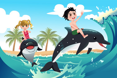 Cartoon boy with dolphin swimming Royalty Free Vector Image