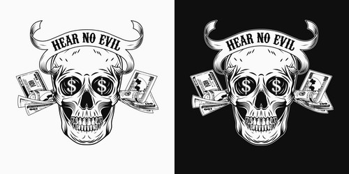 Label with skull money dollar bills ribbon Vector Image