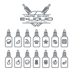 Vape shop e liquid flavors icons set Royalty Free Vector
