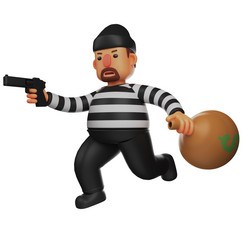 Funny 3d thief cartoon design stealing sack of mon