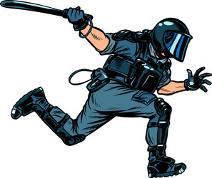 Riot policeman attacks with a baton police work Vector Image