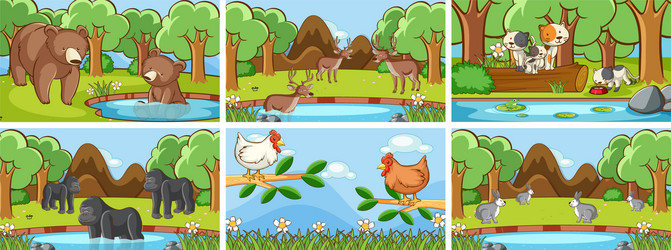 Scene with many wild animals in forest Royalty Free Vector