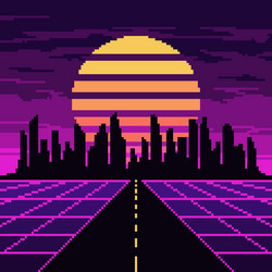 Pixel synthwave purple grid with dark city and sun
