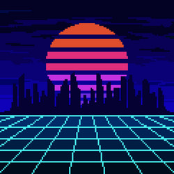 Pixel synthwave purple grid with dark city and sun