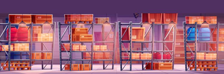 Warehouse interior with boxes on shelves Vector Image